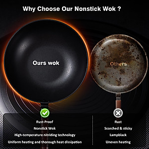 Teewe Carbon Steel Wok -13 Inch Woks & Stir-fry Pans Nonstick, Wok Pan with Lid Spatula and Dish Brush: Pre-Seasoned Flat Bottom Chinese Wok for Induction, Electric, Gas, All Stoves