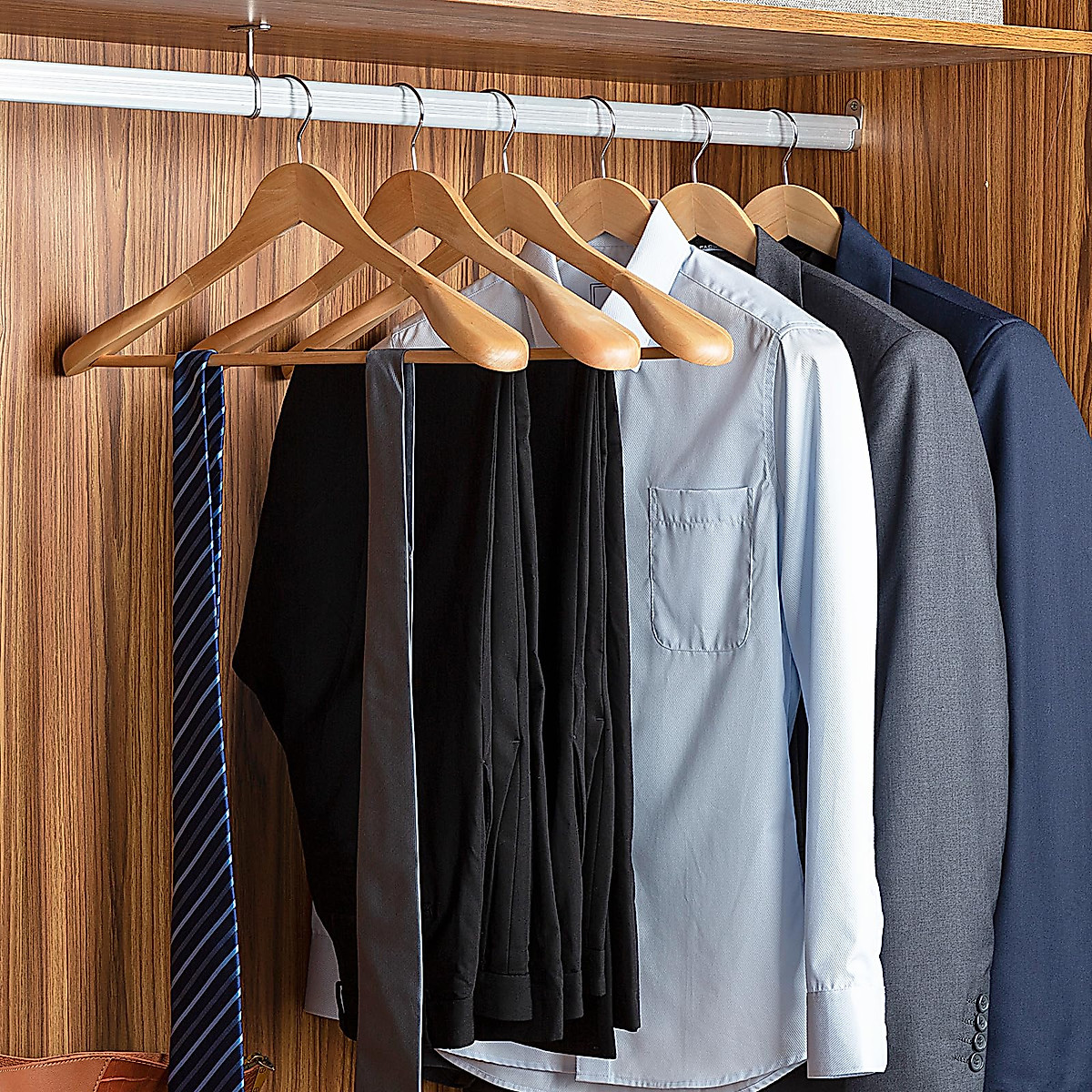 ELONG HOME Suit Hangers, 6 Pack Heavy Duty Wooden Hangers with Extra Wide Shoulder, 17.5″ Luxury Coat Hangers for Closet, Natural Hangers with 360° Swivel Hook & Strong Pant Bar