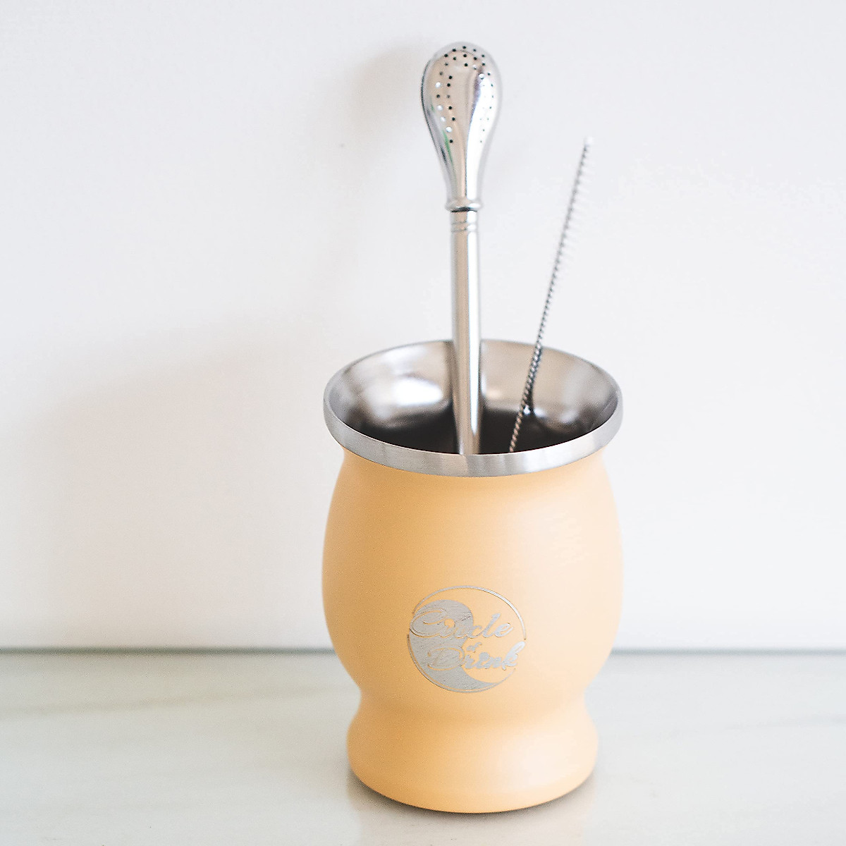 Circle of Drink - Energy Cup Yerba Mate Kit - Double Wall - Includes Stainless Steel Bombilla and Cleaning Brush - 8oz, 50g Capacity (TAN)