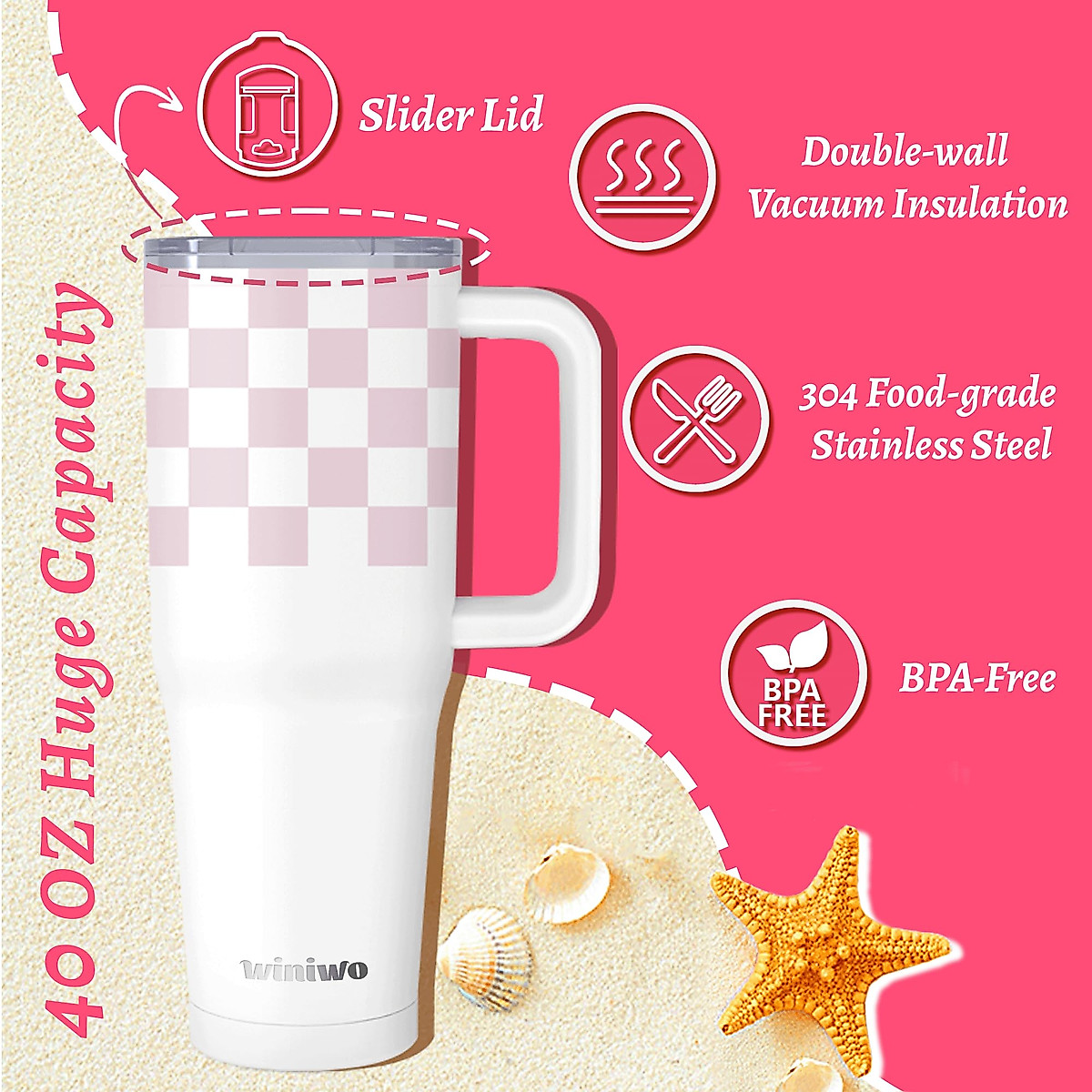 winiwo 40 oz Tumbler with Handle and Straw, D.I.Y Gift for Her, Stainless Steel Travel Mug, Iced Tea or Coffee, Insulated Tumbler with Stickers, Keeps Beverages Cold Up to 24 Hours