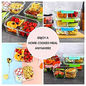 HAKEEMI 5-Pack,3 Compartment Glass Meal Prep Containers Set,34oz, Divided Food Storage Containers with Lids, Glass Lunch Box with 3 Dividers