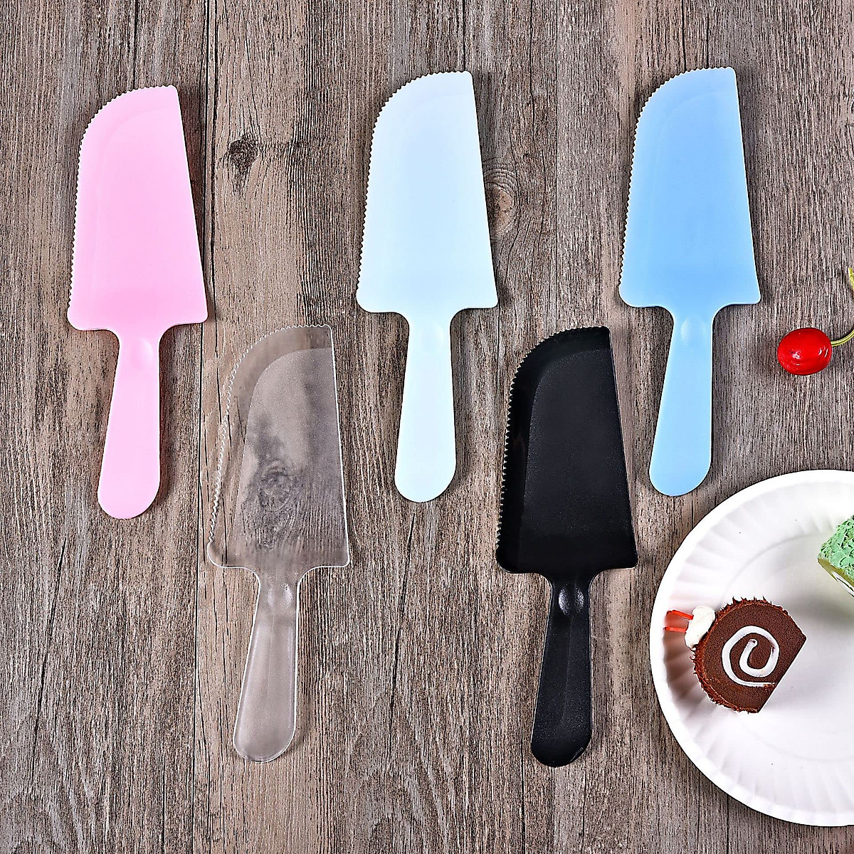 TorSor 20 Pack Disposable Cake Cutter Slicer Plastic Serrated Cutting Knife Server Spatula Knives Serving Utensils for Pie Pizza Pastry Dessert Bakery Bread Kitchen Wedding Birthday Party
