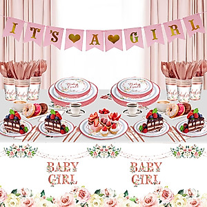 Baby Shower Decorations for Girl, 247PCS Floral Girl Baby Shower Decorations Party Supplies with Background, Disposable Tableware (24 Guests), "It's A Girl" Banner, Butterfly Balloon Kit &Tablecloth