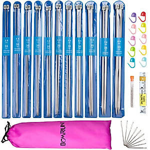 Knitting Needle Set, BCMRUN 22PCS 2mm(B)-8mm(L) Straight Single Pointed Stainless Steel Sweater Needles Set(11Pair-11 Size,9.8 inch) with Locking Stitch Makers Large-Eye Needles Measure Tape (36CM)