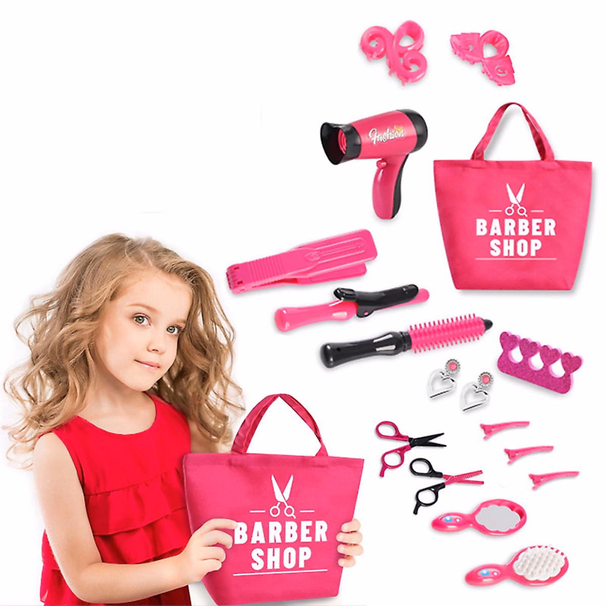 Hair Salon Toys for Girls,17 Pcs Kids Vanity Toddler Girl Toys,Pretend Play Realistic Girl Beauty Salon Playset Hair Styling Set with Toy Hairdryer, Mirror & Other Accessories Toys for Girls 4-6. (A)