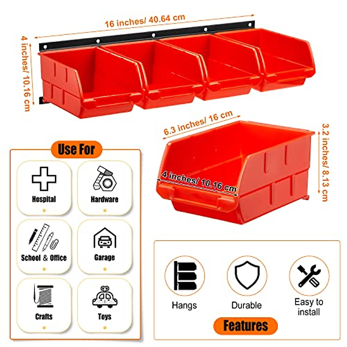 16 Pcs Plastic Wall Mounted Storage Bins (6.3inch x 3.2inch x 4inch) Hanging Stackable Storage with 4 Pieces Horizontal Shelf Trays Screw Organizers and Storage Bins Tool Organizers for Men Tools Gift