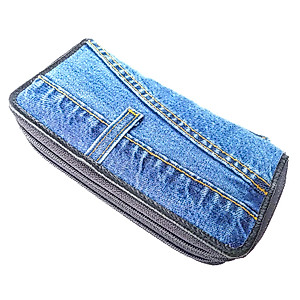 Bijoux de Ja Women Blue Denim Money Double Zipper Around Accordion Wallet Wristlet Purse Clutch DMW015
