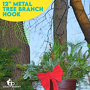 Gray Bunny Metal Tree Branch Hook, 12 Inch, Black, 2-Pack, Premium Extra Thick 1/5 Inch Diameter Rust Resistant Steel S-Hooks for Bird Feeders and Baths, Planters, and More, Christmas Outdoor Lights