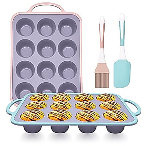 COOKSTYLE Silicone Muffin Pan, 12 Cups, Gray Blue Pink, BPA Free, Dishwasher Safe, Nonstick, Perfect for Baking Cakes, Cupcakes, Cookies