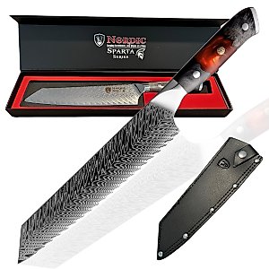 Nordic New Sparta Series Pro Kiritsuke Damascus Chef Knife, Japanese VG10 Super Steel, 67 Layers Damascus Steel, Resin and Maple Wood Handle and Leather Sheath (Kiritsuke Knife)