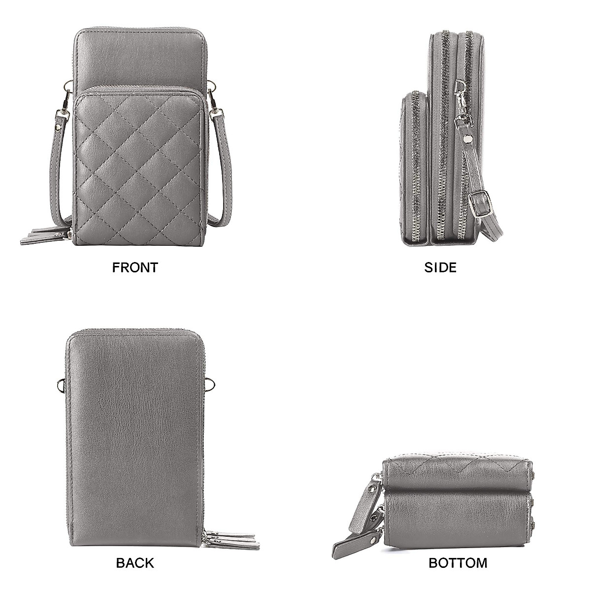 Emperia Mia Lightweight Triple Compartment Small Quilted Leather Phone Purse Crossbody Shoulder Bag for Women Grey2