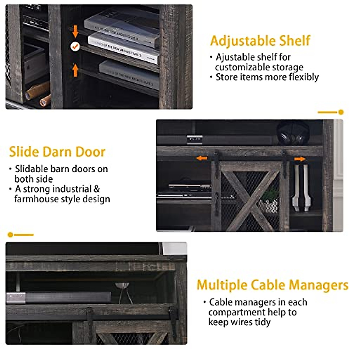 Okvnbjk TV Stand for 65+ Inch TV, Industrial & Farmhouse Entertainment Center with Sliding Barn Door, Rustic TV Console with Storage Shelves, Wood Television Stands for Living Room, Dark Oak
