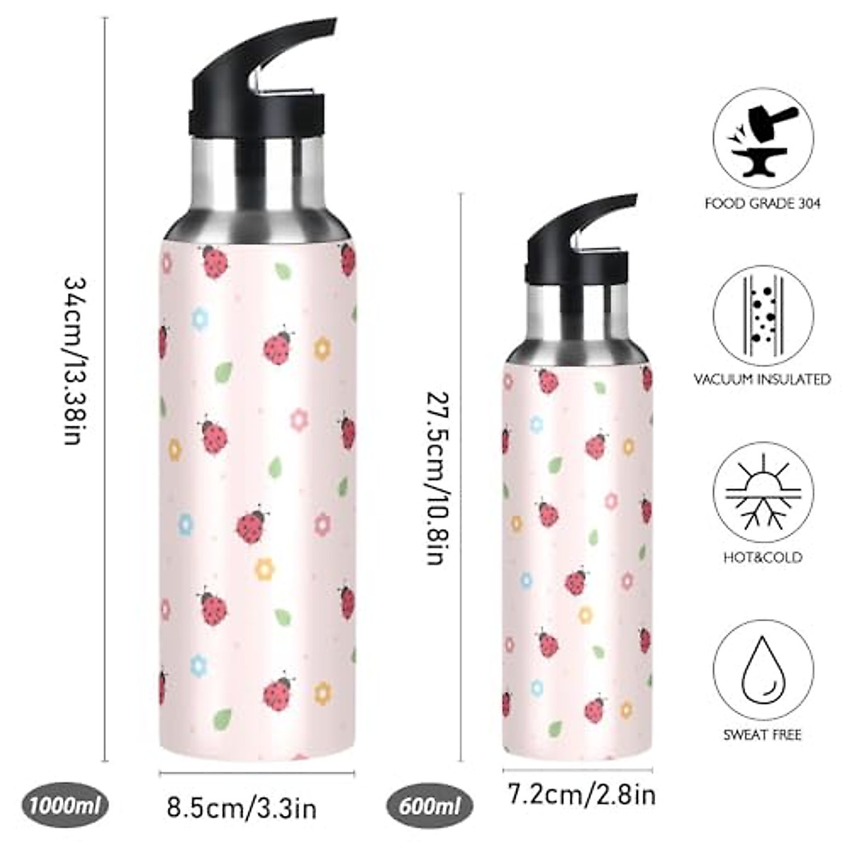 Ladybugs-flower-pattern Insulated Water Bottle with Straw, Stainless Steel Sports Water Bottles, Double Wall Vacuum, Leakproof, BPA-Free 20 oz