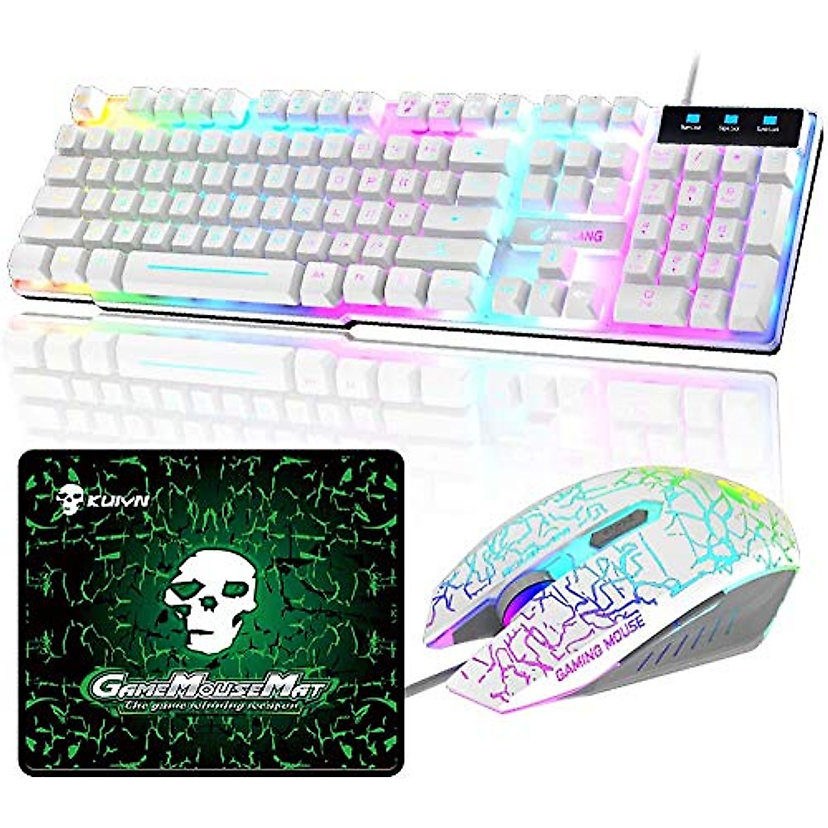 5 in 1 Combo Set Gaming Keyboard and Mouse, 12W HD Horn, Optical Mouse, Gaming Headset, RGB Dazzling Backlight Wired 104 Key Computer Keyboard (White)
