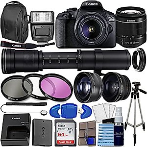 Camera EOS 2000D DSLR (Rebel T7) w/ 18-55mm Zoom Lens Kit + 64GB Memory, 420-800mm Super Zoom Lens, Wide Angle Lens, Telephoto Lens, 3PC Filter Kit, Photo Backpack, Tripod + More (34PC Bundle)