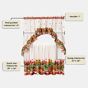 Light Filtering Printed Tier & Swag Window Curtain Set - 36 Inch Length, 57 Inch Width - Country Garden - Machine Washable Polyester Drape for Kitchen, Living, & Dining Room by Achim Home Decor