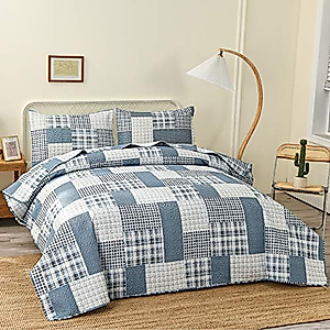 Green Essen Blue White Plaid Quilts King Size Lightweight Patchwork Quilt Soft Breathable Check Bedspread Gingham Bedding Checker Pattern Coverlet Bed Cover Set Geometric Home Decor