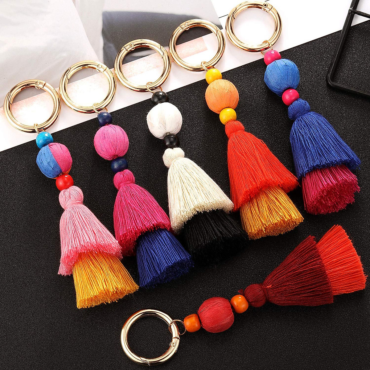 Tatuo 6 Pieces Handmade Bohemian Tassel Keychain Tassels Bag Key Chain Charm Handbags Pendant Key Chain Rings (Color Set 2)