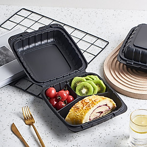 Jaluxing 8X8 3-Compartment 50-Pack Plastic Clamshell Takeout Food Trays Heavy Duty Togo Disposable Box Carryout Meal Prep Packaging Catering Hinged Containers With Secure Snap Lid (Formerly FULING)