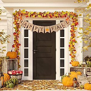 Thanksgiving Maple Leaf Garland Artificial Fall Foliage Garland and 20 LEDs String Light and Happy Fall Burlap Banner Thanksgiving Pumpkin Bunting Flag Garland for Autumn Thanksgiving Window Decor