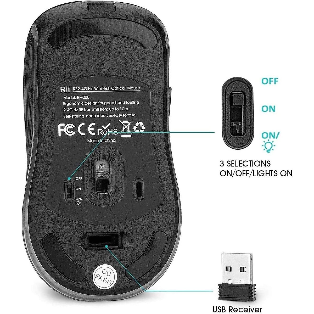 Rii RM200 2.4G Wireless Mouse with USB Nano Receiver, 5 Buttons Rechargeable Mouse,Colorful Backlit RGB Gaming Mouse for Notebook,PC,Computer-Black