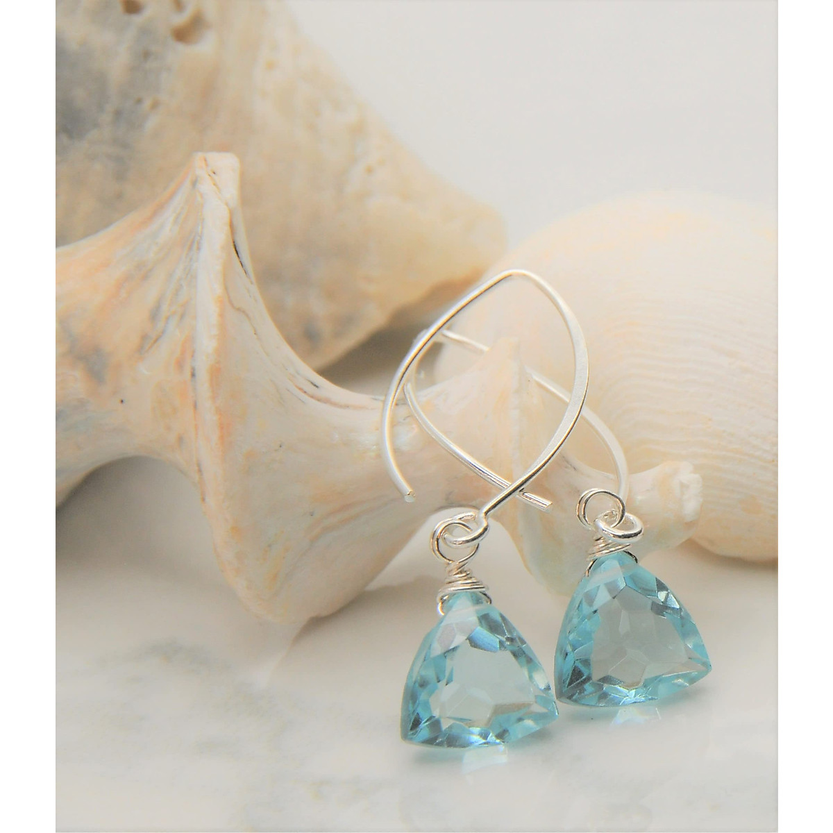 Handmade Dangle Earrings for Women - Aquamarine Blue Quartz Sterling Silver Earrings in Gift Box - Sparkly Blue Quartz Trillion - Lightweight Dangling Earrings - Trendy Long Dangly Drop Earrings