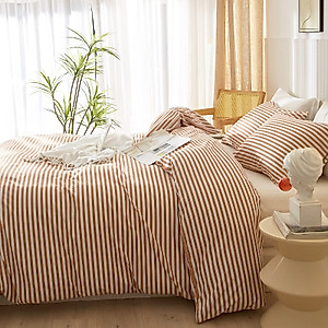 EAVD Duvet Cover Queen White and Khaki Striped Duvet Cover Soft Microfiber Modern Striped Gemetric Pattern Bedding Set with 2 Pillowcases Reversible Striped Comforter Cover with Zipper Closure
