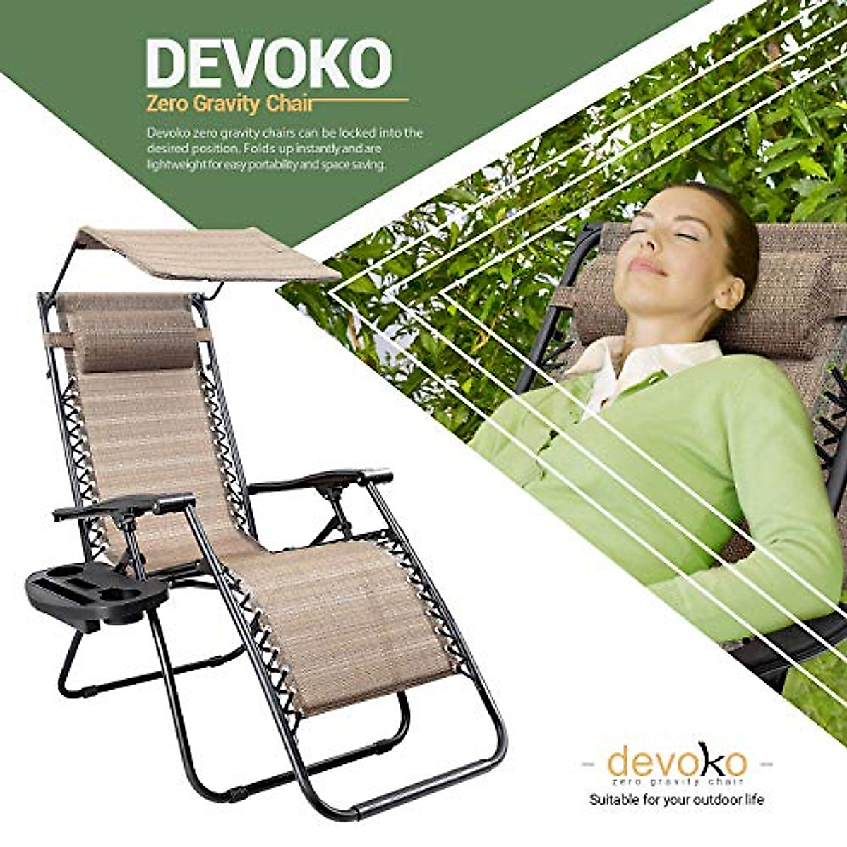 Devoko Patio Zero Gravity Chair Outdoor Recliner Lounge Chair with W/Folding Canopy Shade and Cup Holder (Beige)