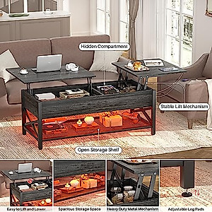 Aheaplus Coffee Table, Lift Top Coffee Table with LED Light and Power Outlet, Modern Lift-Top Table with Storage Shelf, Center Table for Living Room, Lift Tabletop, X Support, Metal Frame, Black Oak