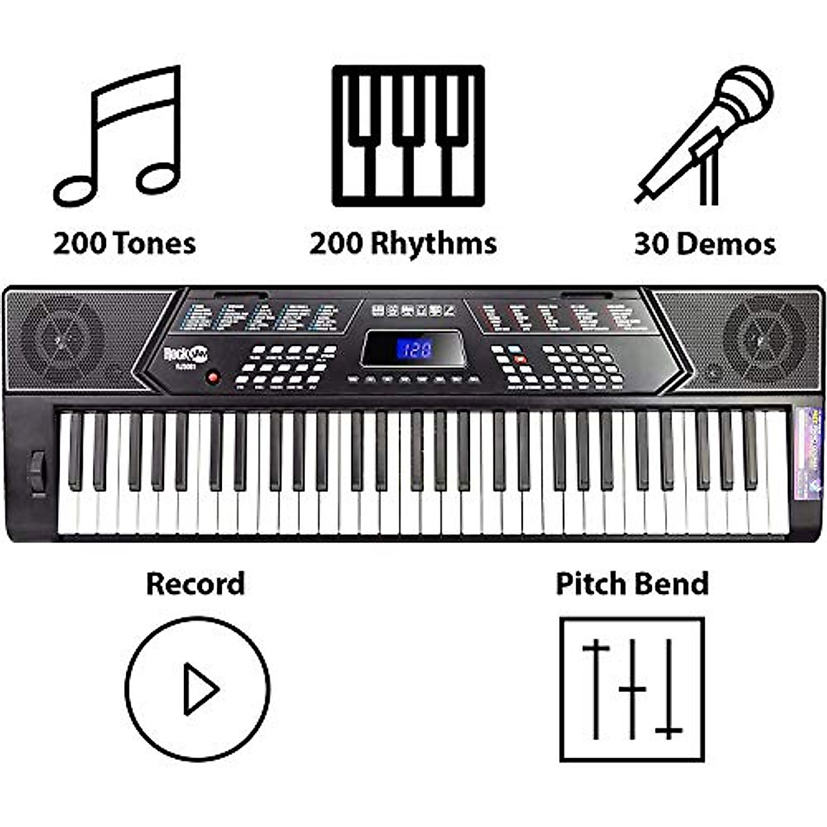 RockJam 61 Key Keyboard Piano Stand With Pitch Bend Kit, Piano Bench, Headphones, Simply Piano App & Keynote Stickers