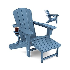 KINGYES Chair with Cup Holder, Wood-Like Reclining Versatile Adirondack Chair, Blue