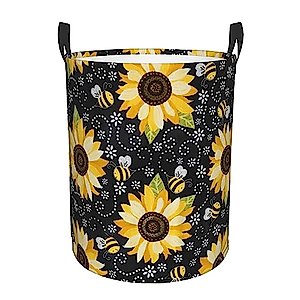 Sunflower Bees Printed Round Laundry Hamper,Collapsible Clothes Hamper Storage With Handle,Canvas Fabric Waterproof Storage Bin