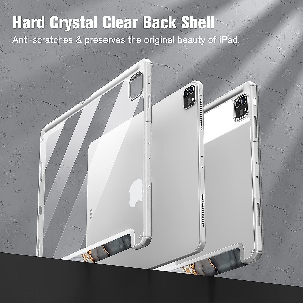 Fintie Hybrid Slim Case for iPad Pro 12.9-inch 6th Generation 2022, [Built-in Pencil Holder] Shockproof Cover w/Clear Transparent Back Shell, Also Fit iPad Pro 12.9" 5th/4th/3rd Gen, Cloudy Marble