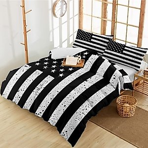 Duvet Cover Sets Black White USA Flag Star and Stripe,3 Pieces Bedding Set Ultra Soft Microfiber Quilt Covers and Pillowcase for Bedroom,Independence Day 4th of July Bed Set All Seasons Use