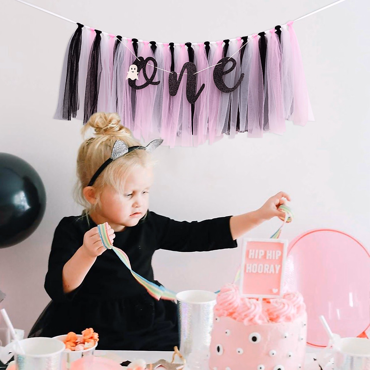 Halloween Themed Birthday Highchair Banner - Little Ghost 1st/First Birthday Party Decoration,Spooky One Groovy Garland,Pink And Black Tutu For Gilrs Baby Decor,Smash Cake Photo Props (Halloween