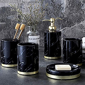 Meltset M Bathroom Accessory Sets 5Pcs Faux Marble Look Ceramics Bathroom Decor - Toothbrush Holder Lotion Pump Dispenser Soap Dish Tray Bath Room Tumbler Cup, Luxurious Gift Set (Black)