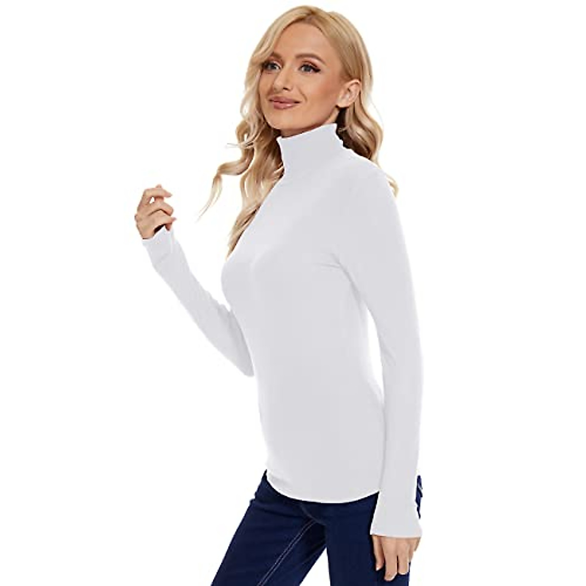Mockneck Women White Long Sleeve Lightweight Ribbed Knit Pullover Athletic Slim T-Shirt White X-Large