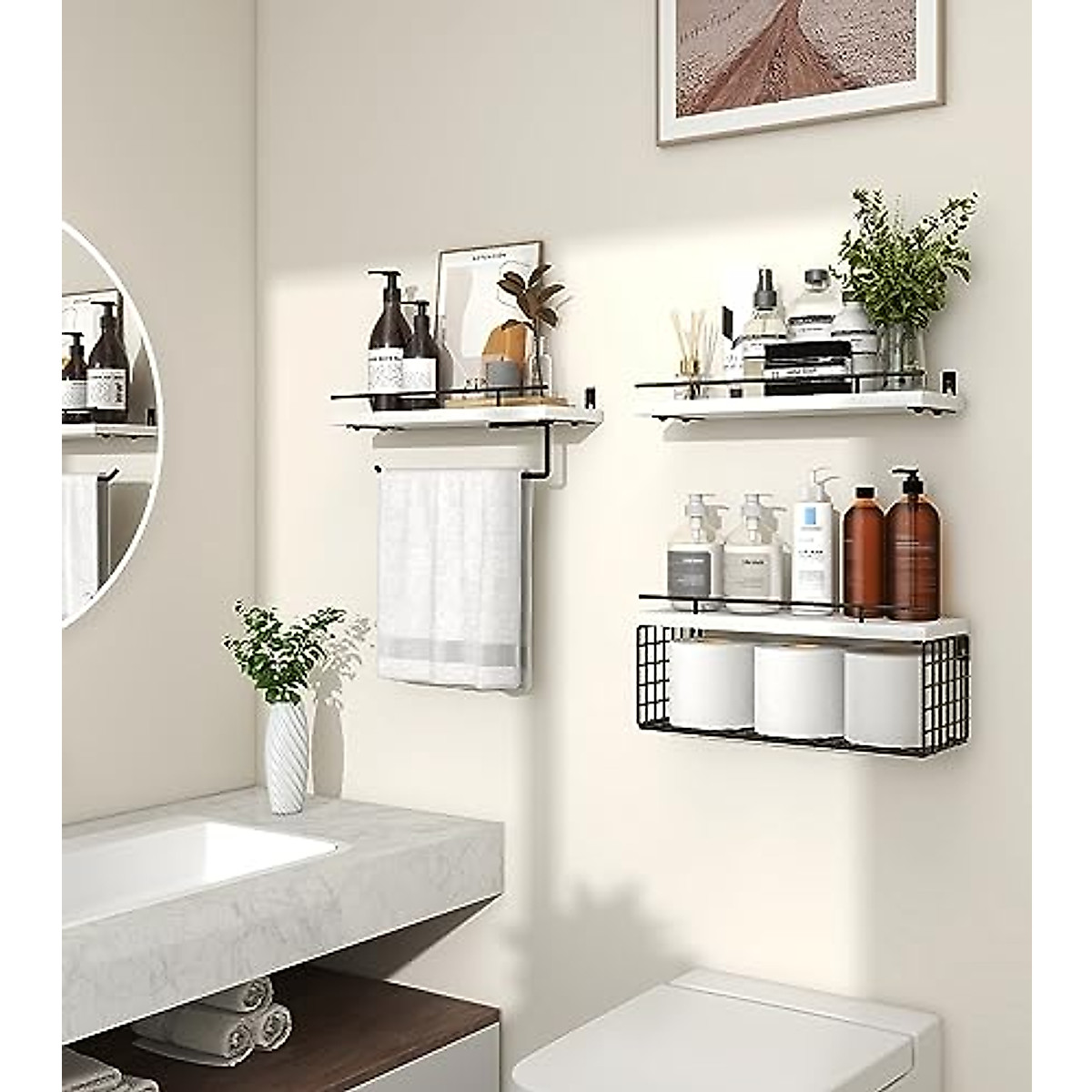 Mefirt Floating Shelves, 3+2 Tier Bathroom Shelves with Paper Towel Holder & Floating Book Shelves, Invisible Bookshelves for Wall