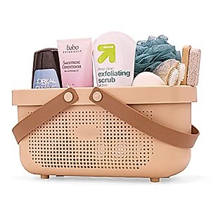 Brookstone BKH1634, Large Portable Shower Caddy with Soft Silicone Carrying Handle, Bathroom Organizer Basket, Plastic Bath Tote, Dries Quickly with Drainage Holes [BPA Free], Blush Color
