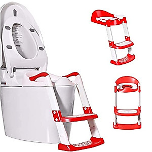 Potty Training Toilet Seat for Kids with Non-Slip Step Stool Ladder,Children Toddler Folding Toilet Training Seat Chair with Soft Cushion and Handles, Height Adjustable Perfect for Girls and Boys(Red)