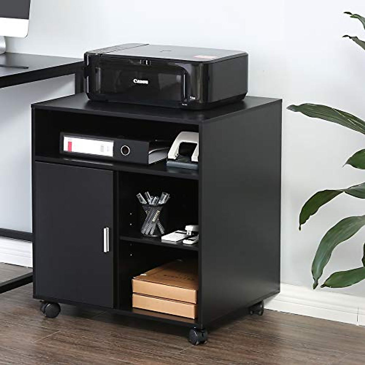 FITUEYES Printer Stand with Storage Adjustable Shelves, Wood Mobile Cart with Door, Rolling File Cabinet on Wheels for Home Office, Black, PS406001WB
