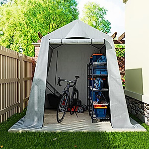 HOGYME 6x7 ft Storage Shelter Protable Garage Waterproof Carport Tent with 2 Roll-up Zipper Doors & Vents Outdoor Storage Shed for Bike, ATV, Motorcycle Shelter, Silver