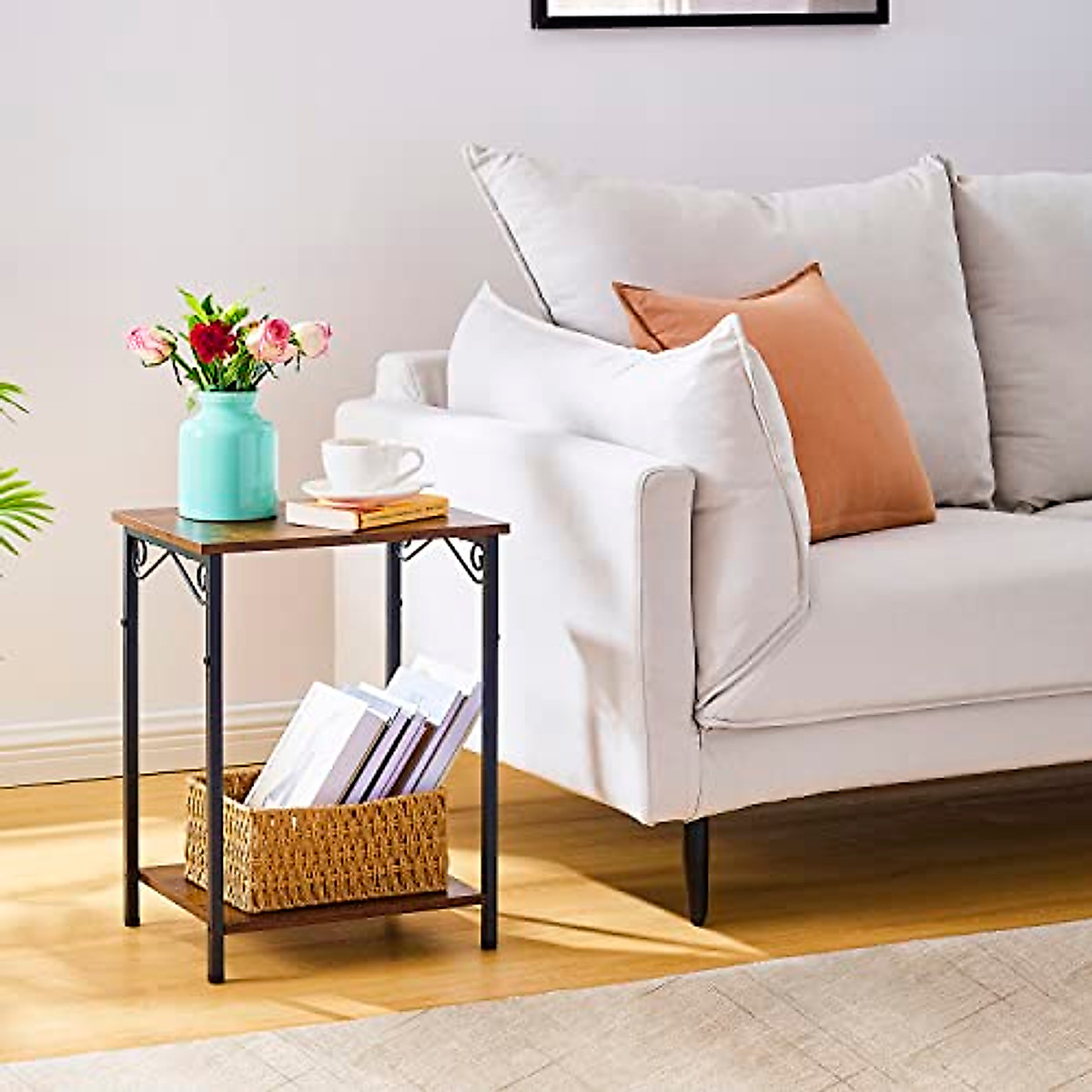 Hoctieon 2 Tier End Table, Small Night Table, Narrow Side Table with Storage, Nightstand for Small Spaces, Living Room, Bedroom, Sofa Couch, Rustic Brown