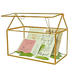 YIMORENCE V Gold Wedding Glass Card Box – Large Wedding Card Holder Gold Handmade Brass Vintage House Shape with Lid (House Gold)