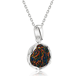 925 Sterling Silver Black Opal Vintage Style Round Pendant; Lab Created October Birthstone; Dainty Black Stone Pendant; Handmade Antique Style Black Opal Necklace For Women