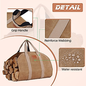 TwentyNext Firewood Log Carrier, Firewood Waxed Canvas Tote Bag with Handles, Heavy Duty Firewood Holder Fireplace Wood Stove Accessories for Camping,BBQ Indoor & Outdoor