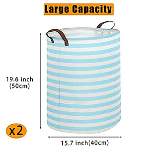 Yanzhi 2 Pcs Laundry Hamper With Leather Handles,20 inch Tall Large Collapsible Round Laundry Basket,Separator Clothes Hamper Basket Foldable Laundry Organizer for Clothes Storage(Blue tw)