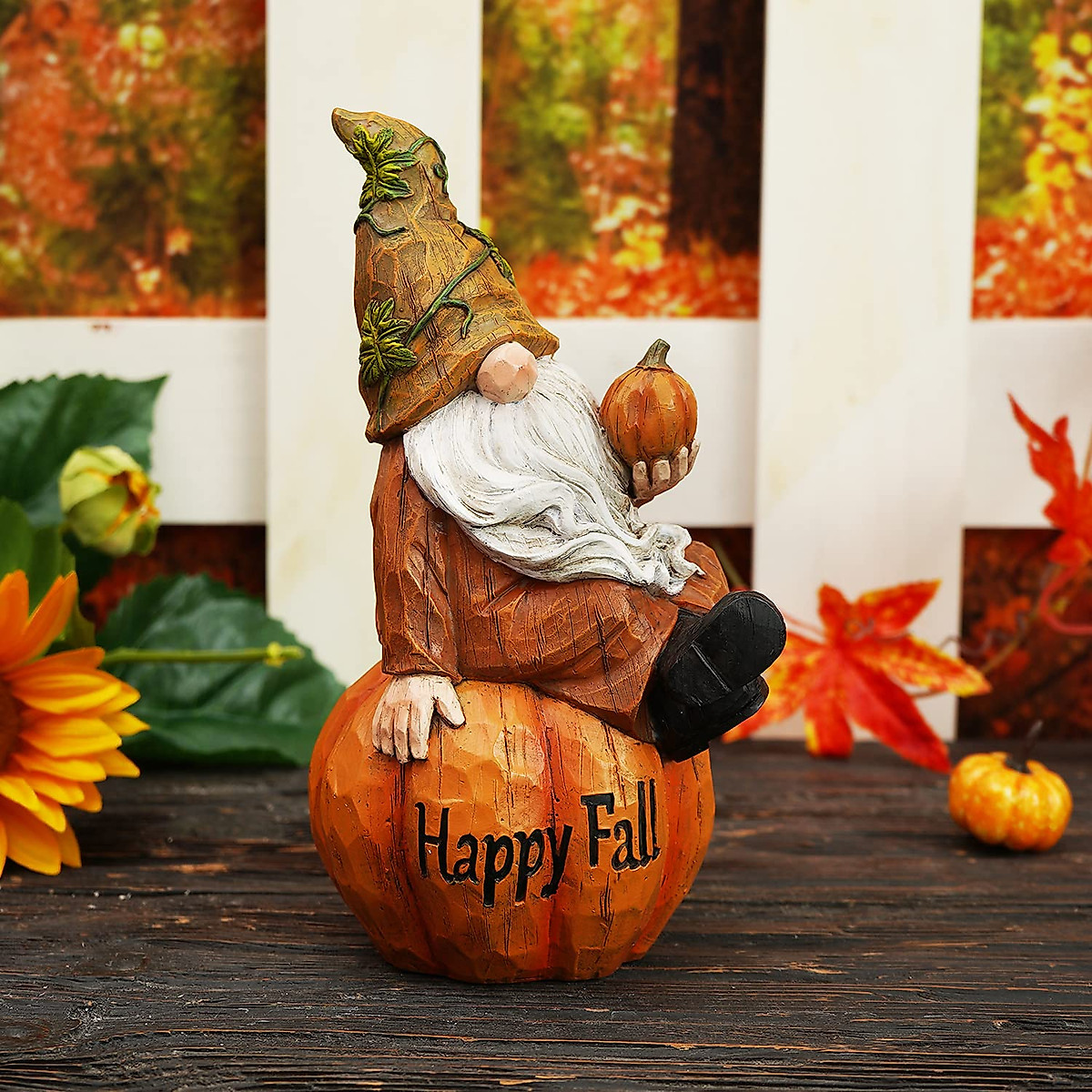 Topadorn Fall Garden Gnome Figurine Sitting on Pumpkin Statue Autumn Harvest Garden Gnomes Statue Figurine for Patio Yard Lawn Porch Decoration，Happy Fall