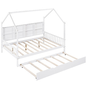 Full Kids Bed House Bed with Trundle, Kids Full Size Platform Bed Frame with Storage Shelves and Roof, Montessori Bed, Tent Bed, Wood Playhouse Bed Full for Kids Teens Girls & Boys (Full, White)