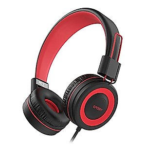 Eposy Kids Headphones, E10 Wired Headphones for Kids Foldable Stereo Bass Headphones with Adjustable Headband, Tangle-Free 3.5 mm Jack for School, On-Ear Headset for Boys Girls Cellphones(Black/Red)